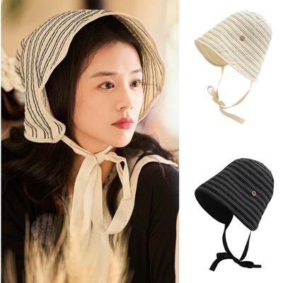 马思纯同款override条纹系带渔夫帽女夏季UVCUT防晒遮阳帽可折叠