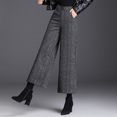 羊毛呢复古格子阔腿裤