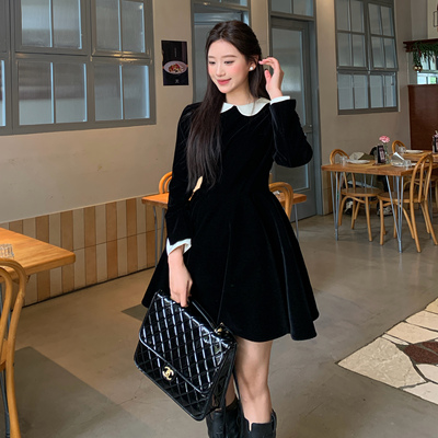 OUT OF OCEAN 25AW 法式丝绒高级感娃娃领长袖收腰小黑伞裙连衣裙