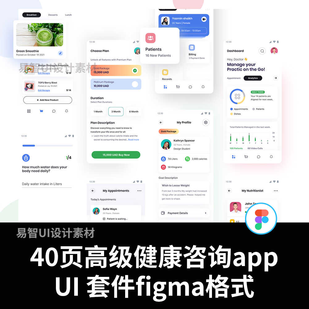 40页高级健康咨询app应用程序 UI 套件figma格式