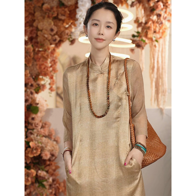 X【叭哒不惑】复古名伶 桑蚕丝宽松小A摆中式小立领斜襟气质裙子