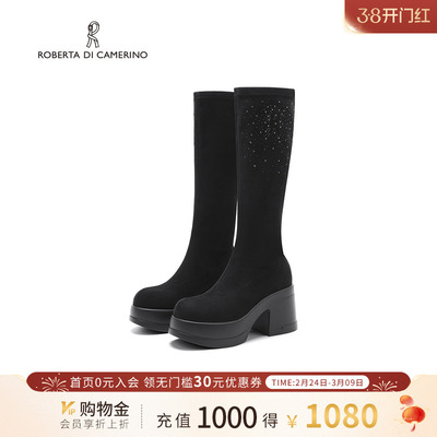 诺贝达新款冬季长筒靴弹力厚底时装靴黑色百搭显瘦弹力靴RA254501