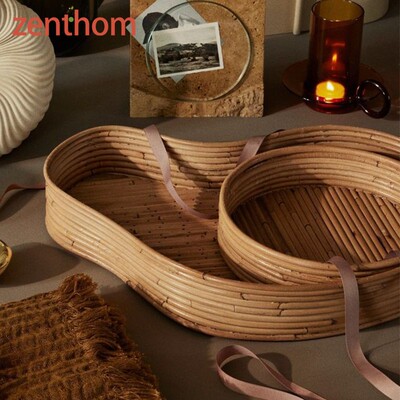 Ferm Living Isola 不规则藤条托盘套装茶几餐桌置物收纳盘茶盘