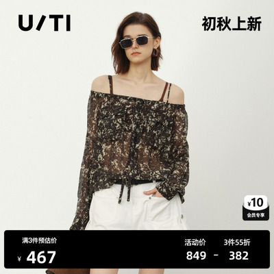 U/TI碎花一字肩吊带衬衫女薄款微透宽松露肩长袖尤缇2026夏季新款