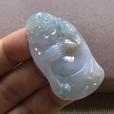 缅甸玉石A货翡翠玉雕玉器文玩冰糯种飘蓝花洒金佛公挂件吊坠捡漏