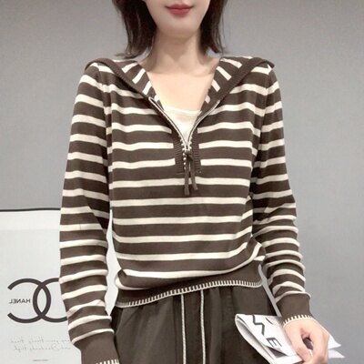 秋季新款海军风条纹连帽针织衫女拉链修身显瘦百搭毛衣822