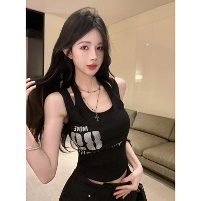 高街甜酷chic挂脖露肩无袖T恤