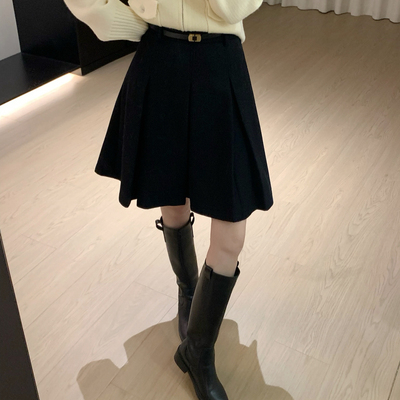poisooo-百搭羊毛百褶短裙半身裙(配腰带)（含50羊毛）PS8245