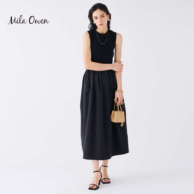 Mila Owen春夏季日系休闲无袖通勤拼接纯色蓬松休闲连衣裙女士_虎窝淘