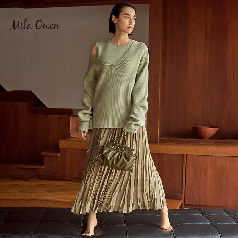Mila Owen日系休闲深V编织衫百褶中长裙两件套装含羊毛_虎窝淘
