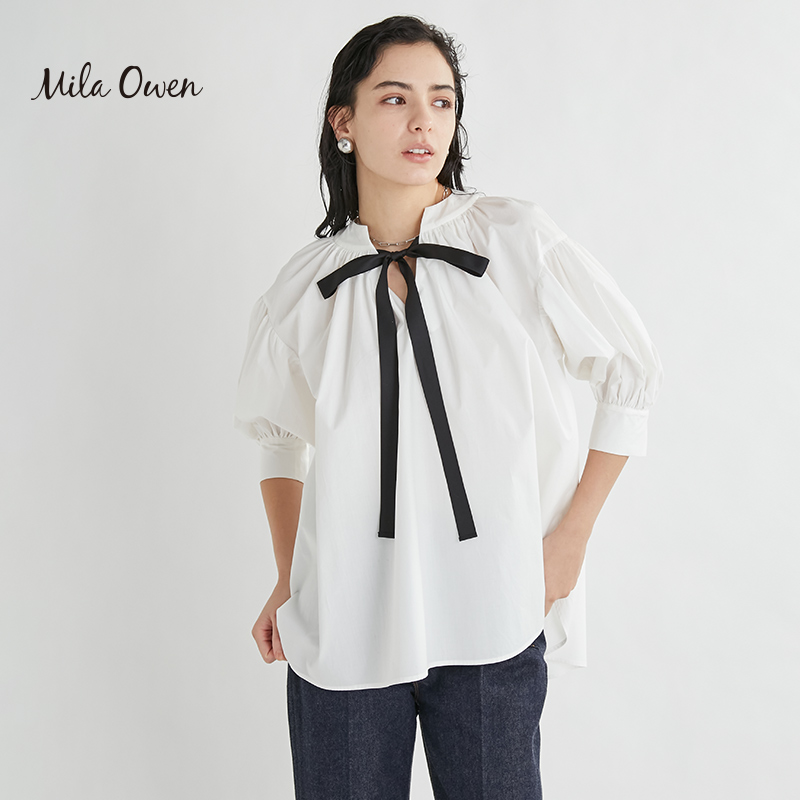 Mila Owen春秋季日系气质款泡泡袖蝴蝶结V领衬衫女士通勤上衣_虎窝淘