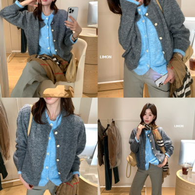 柠檬绿茶-新韩女日常撞色羊驼毛假两件开衫毛衣00-8269