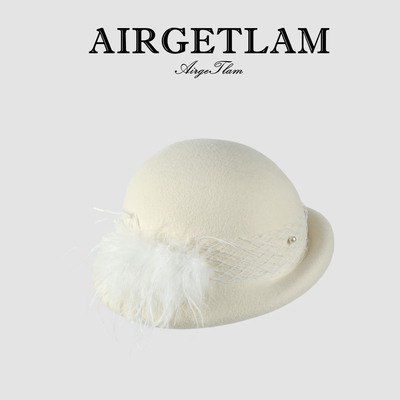AirgeTlam/法式羽毛卷边羊毛小礼帽女秋冬复古千金帽子白色渔夫帽