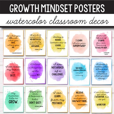 Growth Mindset Quotes彩色成长心态语录水彩海报装饰教室贴纸