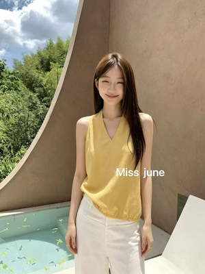 设计感天丝亚麻V领无袖背心女夏季显瘦气质通勤挂脖上衣吊带C8212