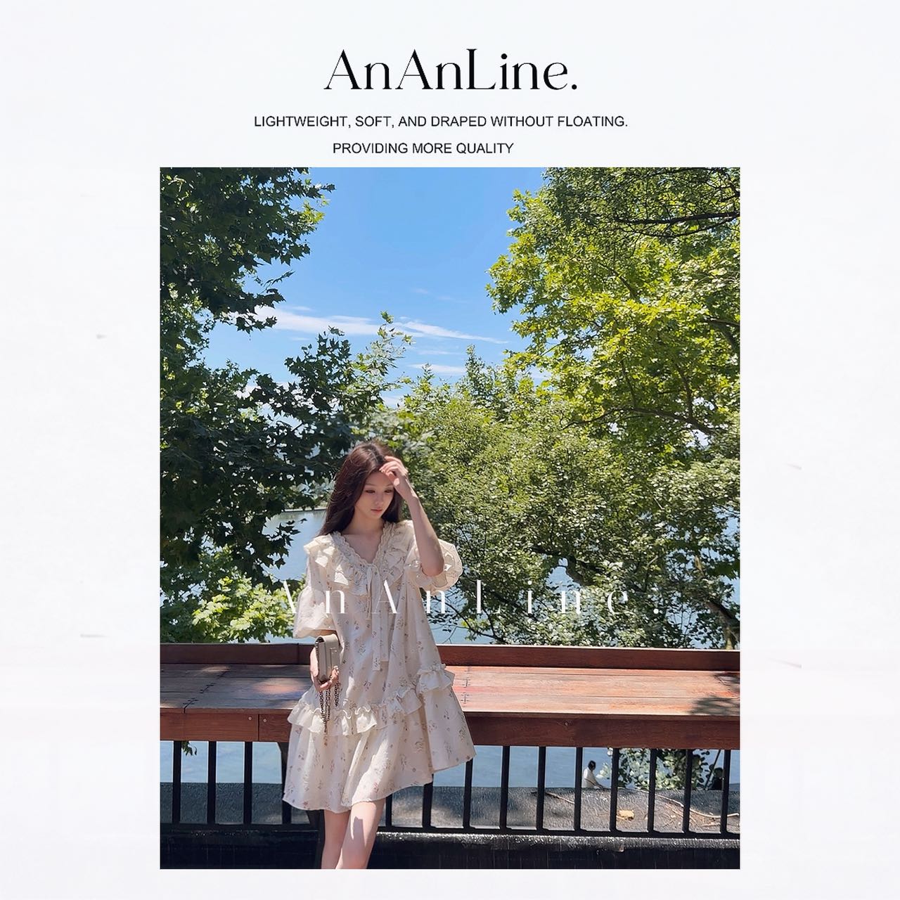 AnAnLine.【花间来信】原创款!少女感十足蝴蝶结刺绣连衣裙
