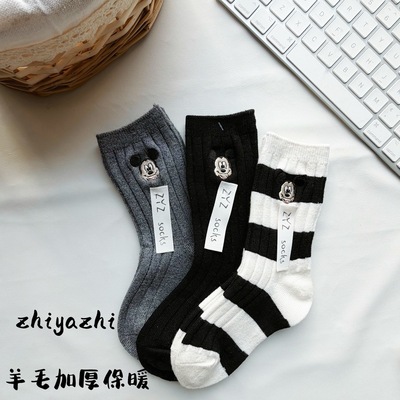 儿童袜子2025新男童女童羊毛袜秋冬中筒可爱米奇布标条纹大童5027
