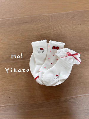 伊卡兔儿童袜子秋冬四季纯棉KT猫公主蝴蝶结布艺花边过年红袜8148