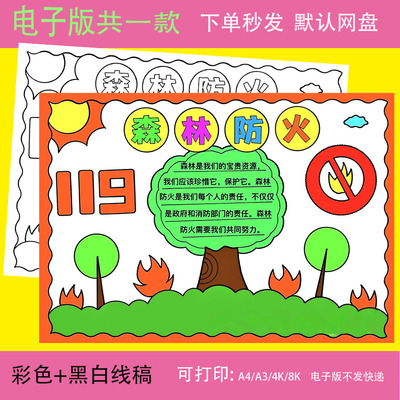 森林防火手抄报模板小学生预防火灾消防安全教育电子版涂色手抄报