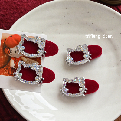 圣诞酒红贵气闪钻小猫雪花发夹