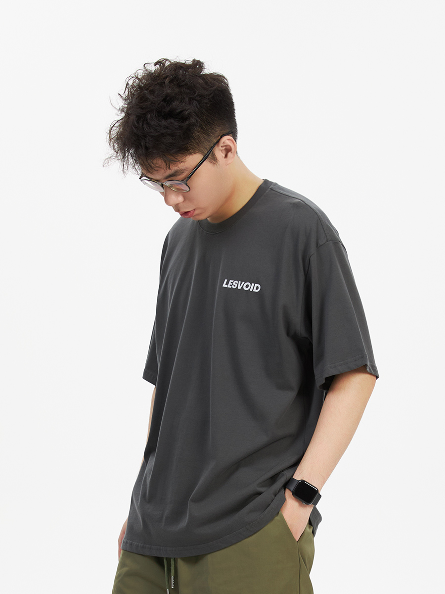 LESVOID 280G纯棉T恤宽松圆领oversize背面logo厚印男女同款短袖_虎窝淘