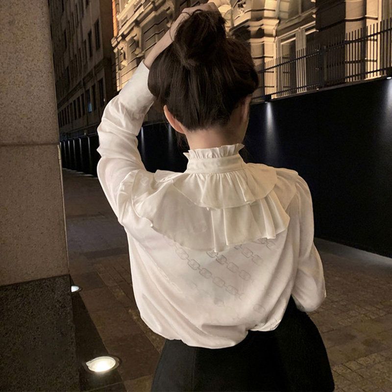 【ZZ限定新款】新款法式复古别致白色衬衫女秋冬叠穿短款上衣女