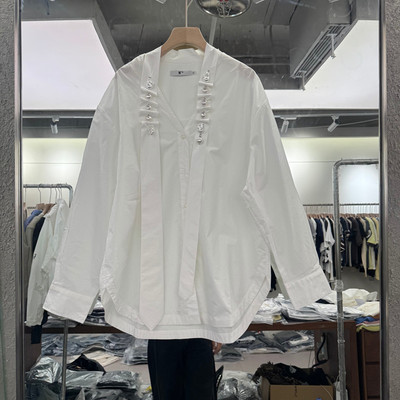 法式V领木耳边宽松长袖衬衫女