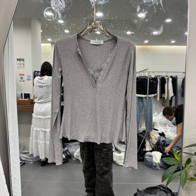 欧洲站春款V领蕾丝针织衫女