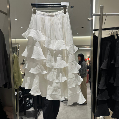 欧洲站春季松紧腰荷叶边蛋糕裙