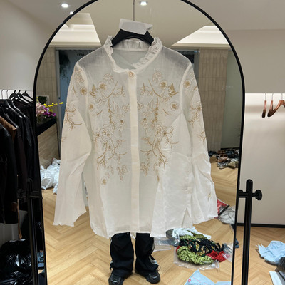 欧洲站复古苎麻绣花立领衬衫女款