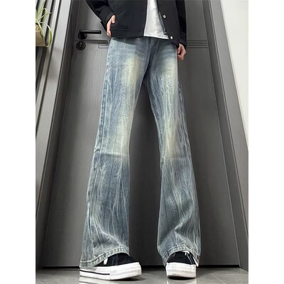 复古蓝竹节闪电纹微喇牛仔裤男款春季美式高街vibe裤子百搭直筒裤