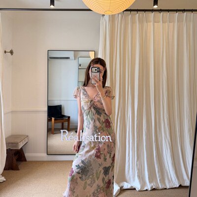 Realzz official一甯章章 南法假日法式V领晕染碎花斜裁连衣裙