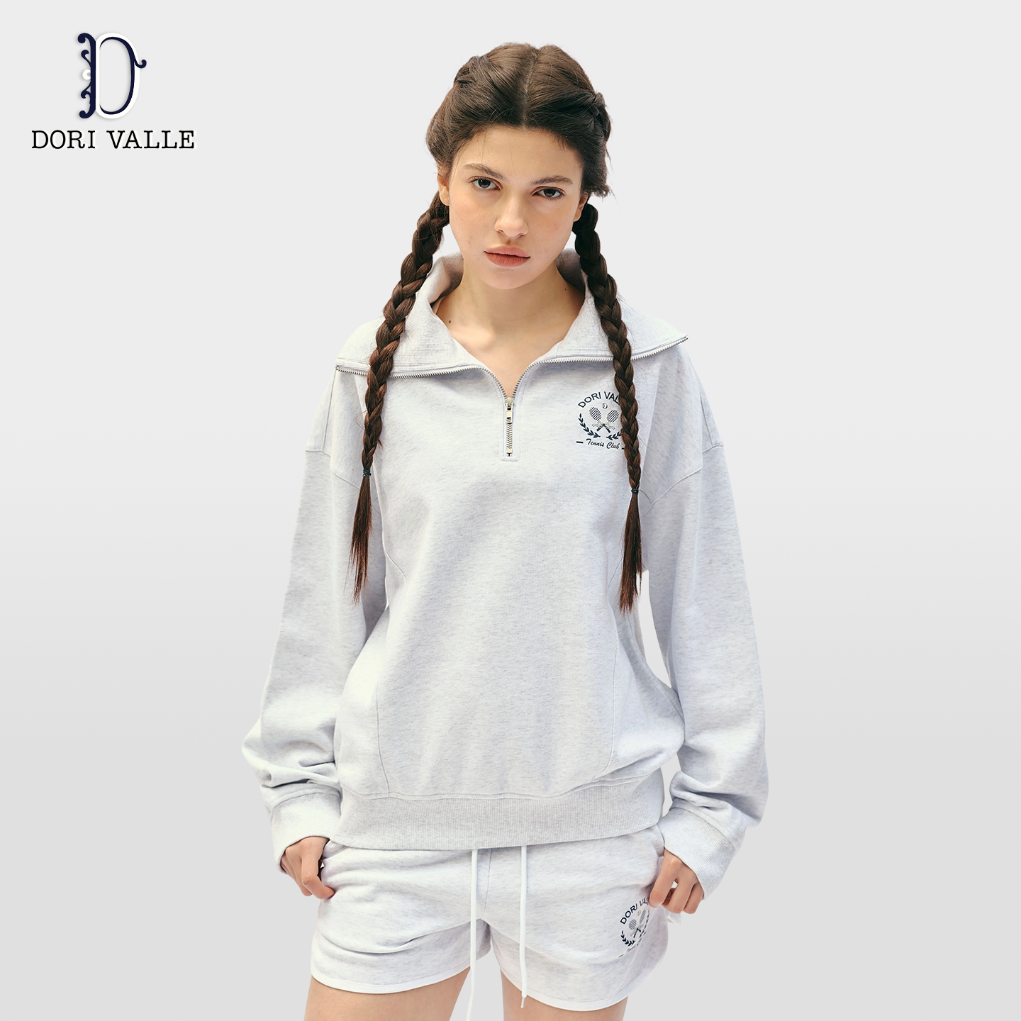 Dori Valle 翻领设计半开领简约百搭宽松休闲印花拉链套头卫衣女