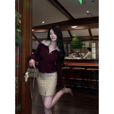 乌梅子酱Wcouture纸醉金迷的圣诞氛围 毛领针织夹克型开衫外套