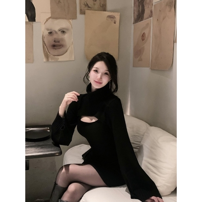 原图直出好身材Wcouture原创 钓系沙漏身材羊毛针织高领连衣裙