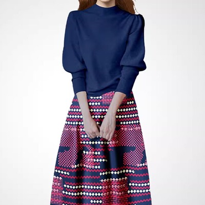 泡泡袖毛衣印花半身裙两件套