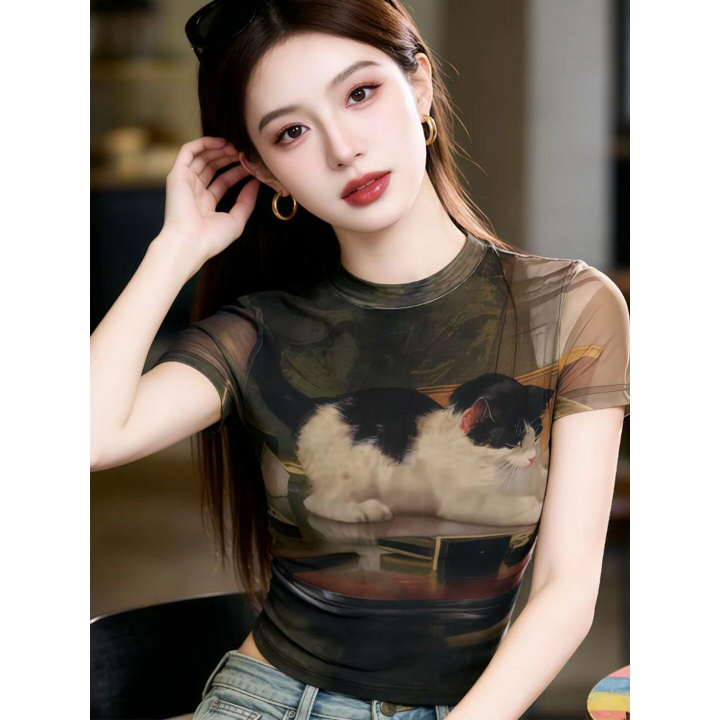大码胖MM美式复古辣妹小猫印花短袖T恤女夏季设计感修身显瘦上衣