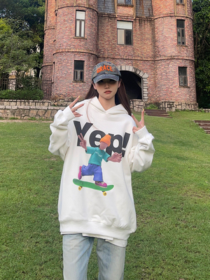 BCRA美式卡通人物滑板印花连帽卫衣男女秋季潮牌宽松情侣重磅帽衫