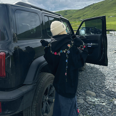 BCRA美式国潮牌藤条花卉刺绣连帽卫衣男女秋冬季宽松高街情侣帽衫