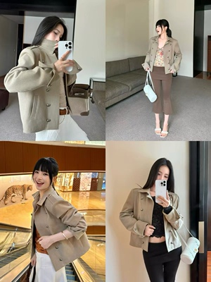 LSM韩系短款风衣外套女 复古立领双排扣小个子宽松休闲短风衣秋