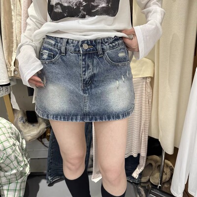 0188-MATCH 复古破洞牛仔半身短裙女高腰A字修身显瘦辣妹风裙子