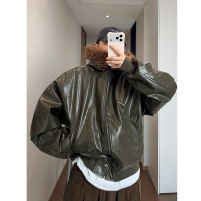 dannyandzee冬季复古军绿油蜡PU皮防风连帽毛领棉衣厚外套棉服男