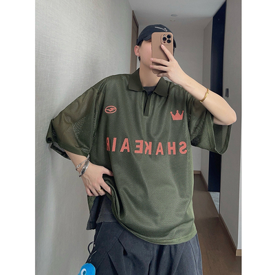 dannyandzee夏季复古百搭军绿色字母印花镂空网眼短袖POLO衫男INS