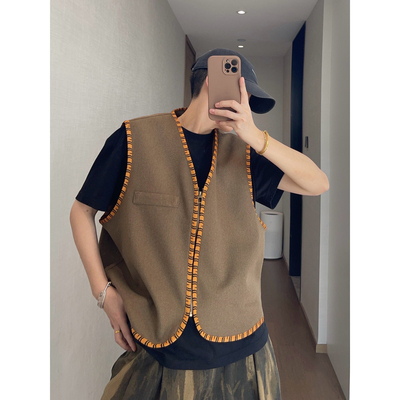 dannyandzee春季复古纯色呢料棕色虎纹织带包边V领拉链短款马甲男
