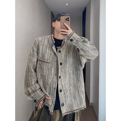 dannyandzee春夏松弛感混色复古宽松毛边织带编织夹克外套男情侣