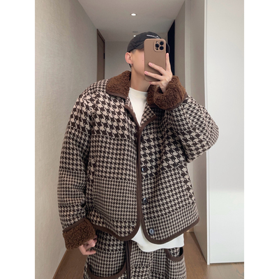 dannyandzee冬季复古咖色千鸟格呢料云朵绒保暖加厚翻领外套男INS