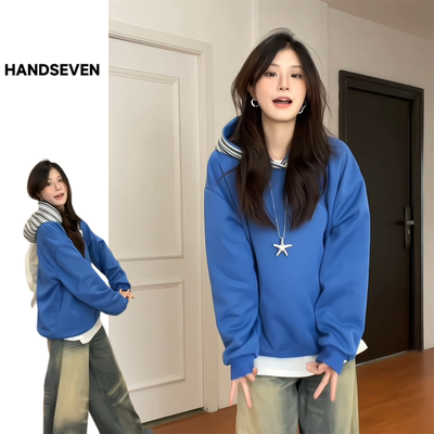 HandSeven韩系撞色简约连帽卫衣2026美式宽松休闲百搭学院风上衣