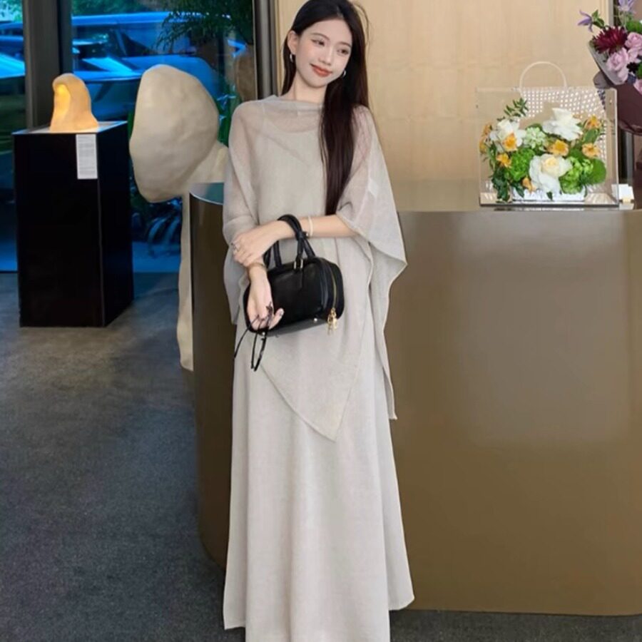 慵懒风不规则微透针织罩衫披肩上衣女装夏季气质吊带连衣裙两件套