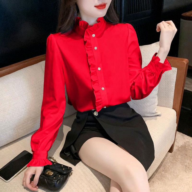 法式白衬衫女长袖春秋洋气别致木耳边气质减龄宫廷风衬衣上衣