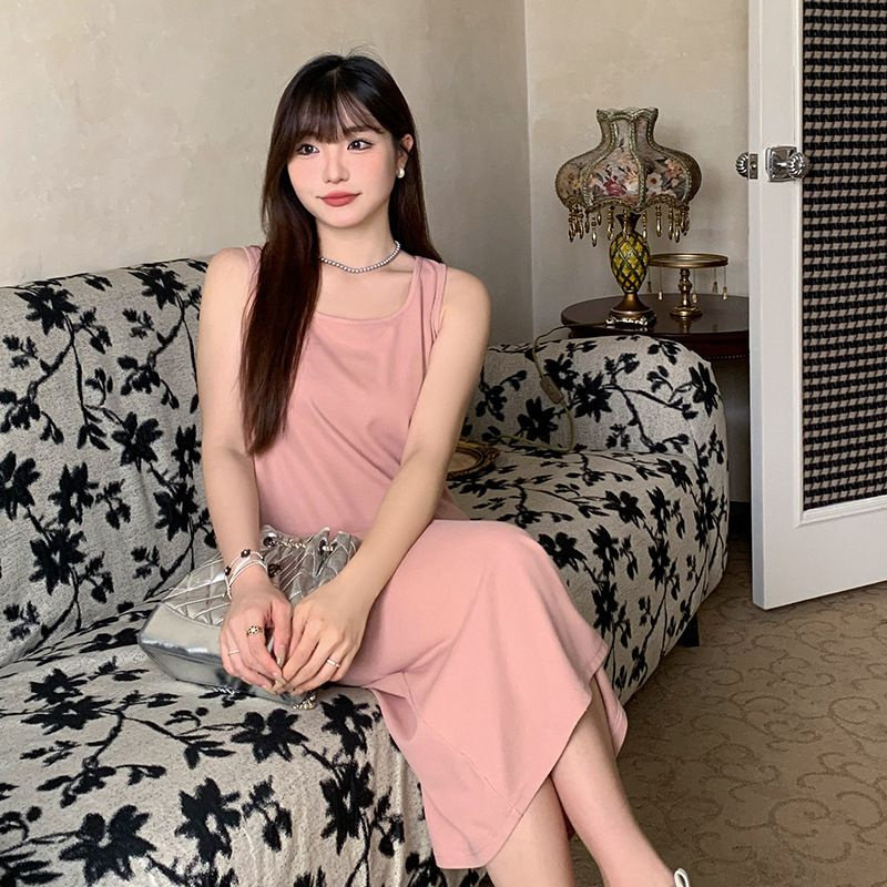 高级感U领无袖背心裙女春夏胖mm大码多色打底显瘦吊带连衣裙